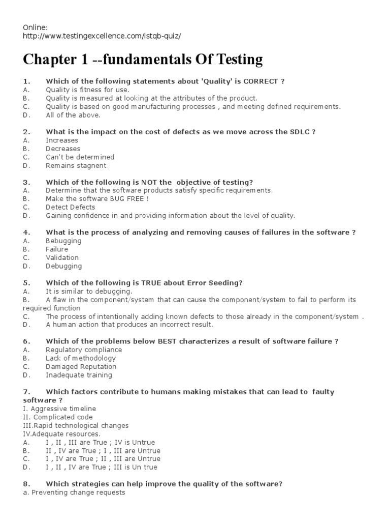 ISTQB Chapter 1 Questions | PDF | Software Testing | Software Bug