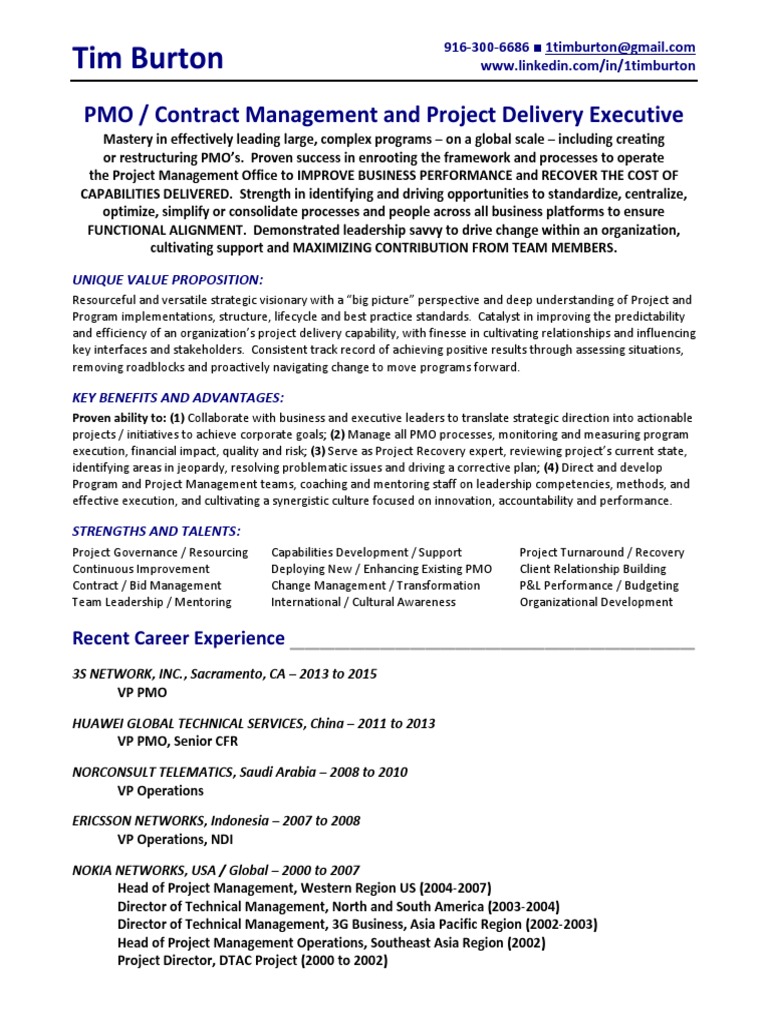 VP PMO Director Operations in USA Resume Tim Burton | PDF | Project ...