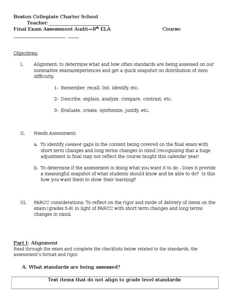 Final Exam Assessment Audit - 8th - ELA | PDF | Educational Assessment ...