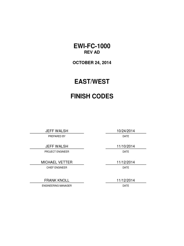 EW Finish Codes | PDF | Procedural Knowledge | Chemical Processes