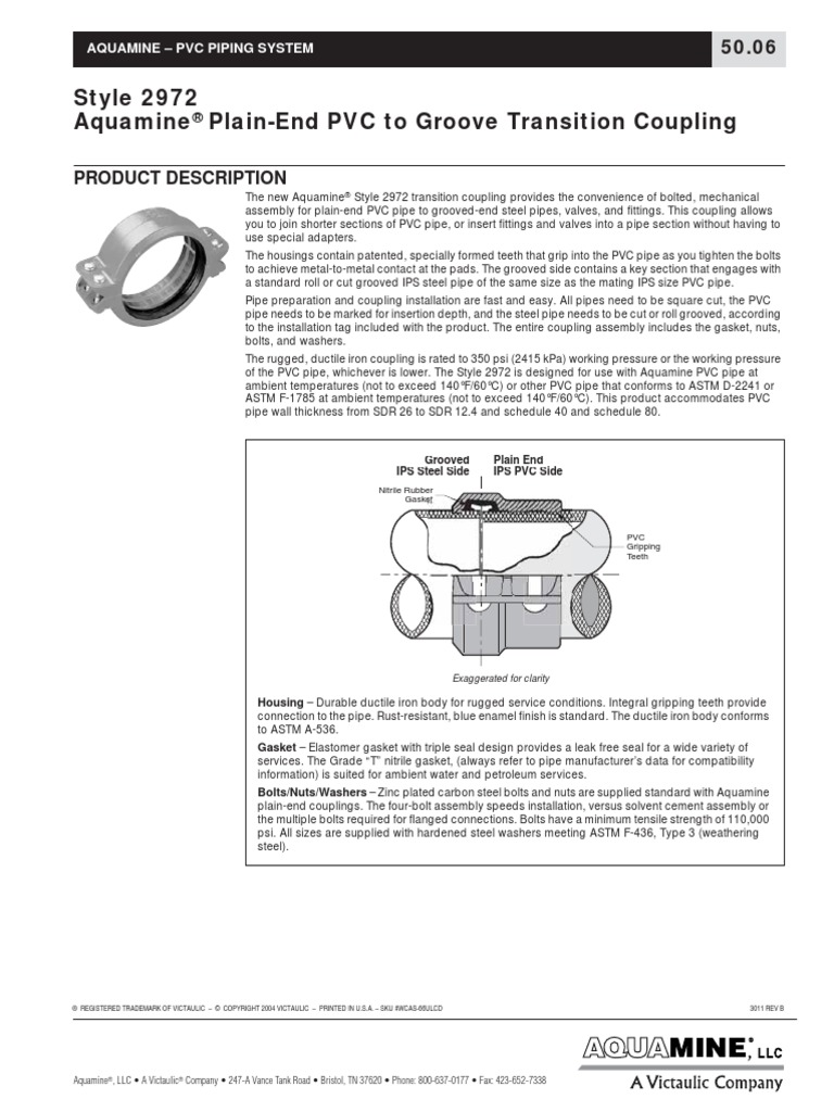 Style 2972 Aquamine Plain-End PVC To Groove Transition Coupling | PDF ...