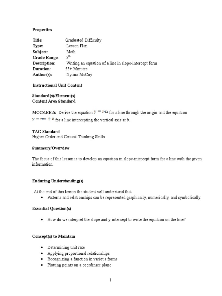 Slope-Intercept Form Lesson Plan | PDF | Teaching Mathematics | Learning