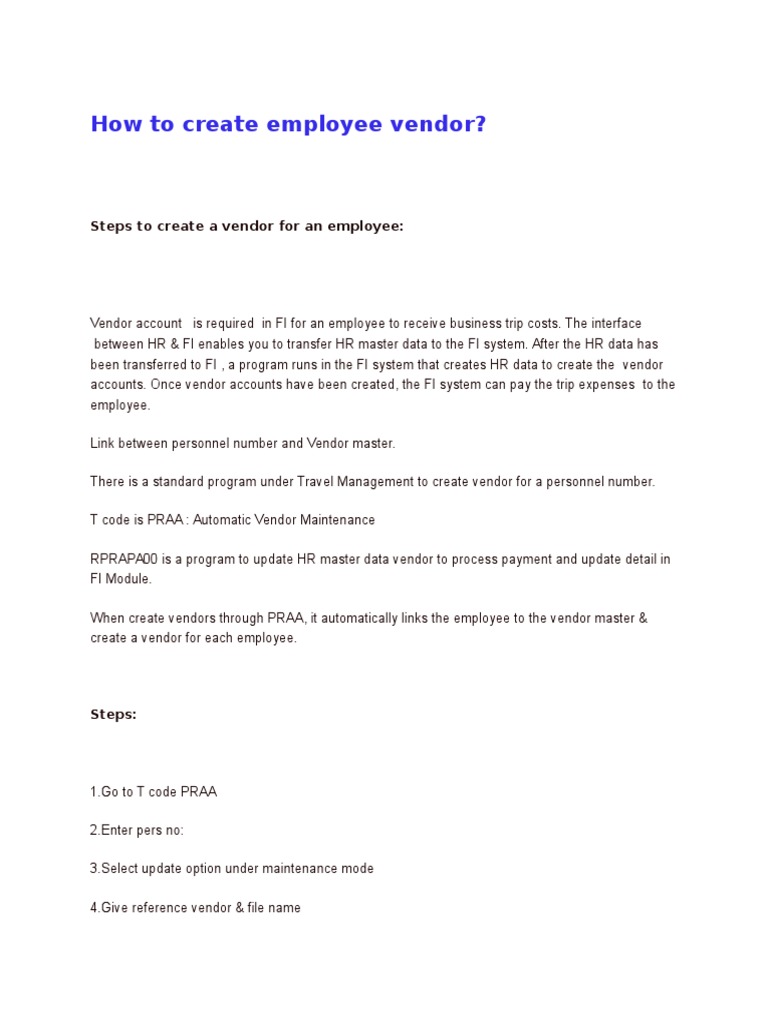 Create Employee Vendor in SAP FI | PDF | Employment | Computing