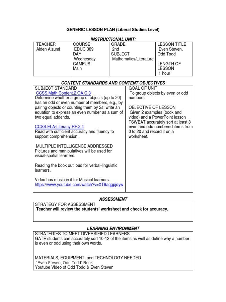 Lit and Math Lesson Plan | PDF | Language Arts & Discipline
