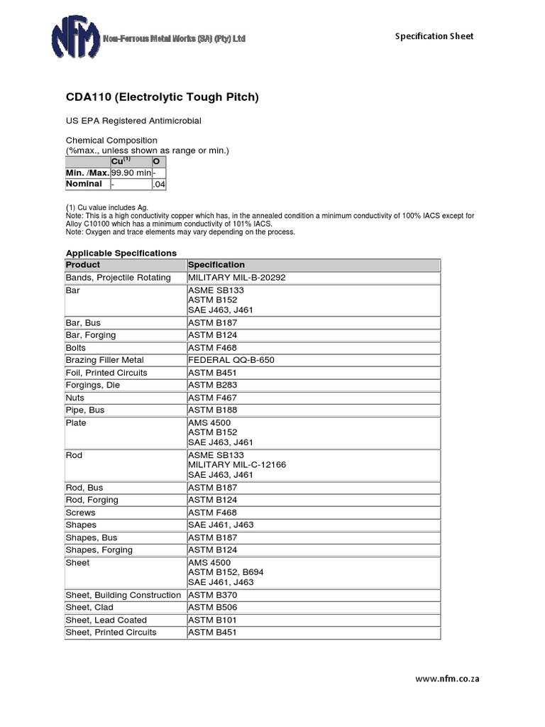 CDA 110 Copper Specifications Overview | PDF | Home & Garden | Science ...