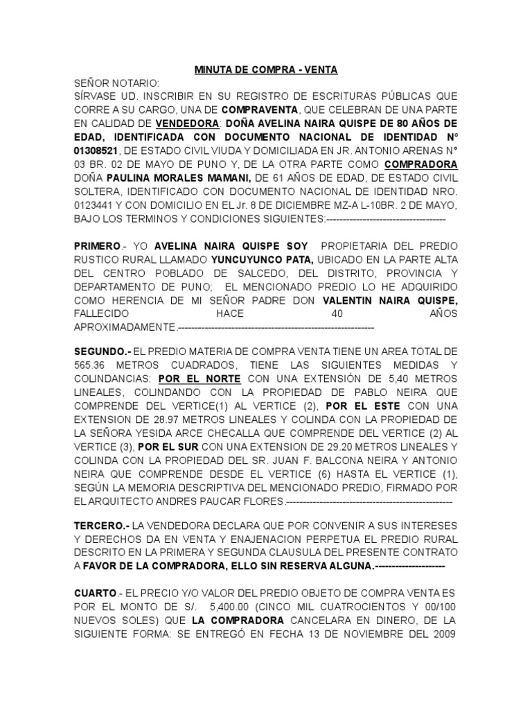 Minuta de Compra Venta | PDF