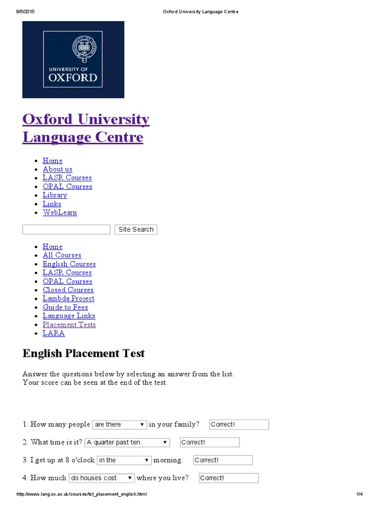 Oxford University Language Centre: English Placement Test | PDF ...