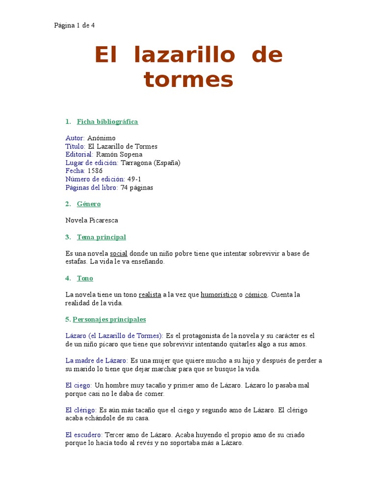 Resume de Lazarillo de Tormes | PDF