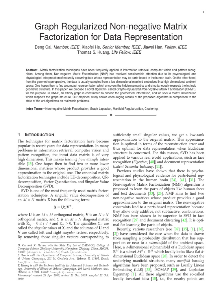 Graph Regularized Non-Negative Matrix Factorization For Data Representation | PDF | Principal ...
