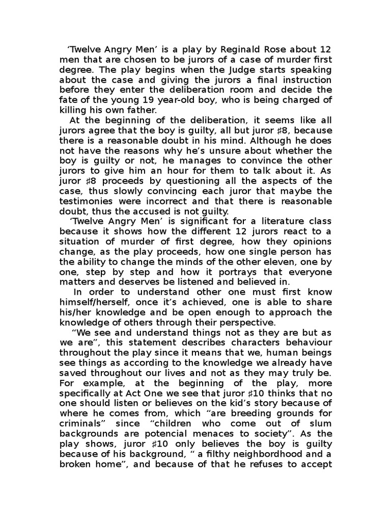 Twelve Angry Men Essay | PDF | Reasonable Doubt | Knowledge