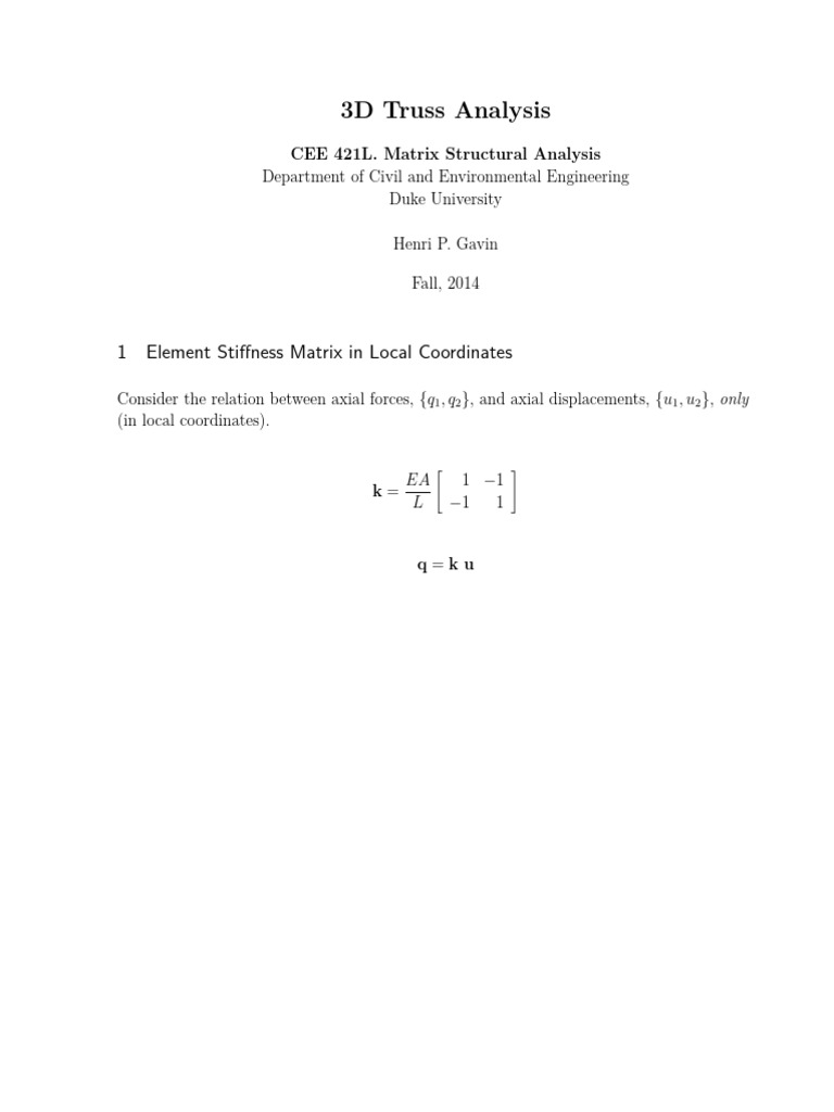 3D Truss Analysis: 1 Element Stiffness Matrix in Local Coordinates ...