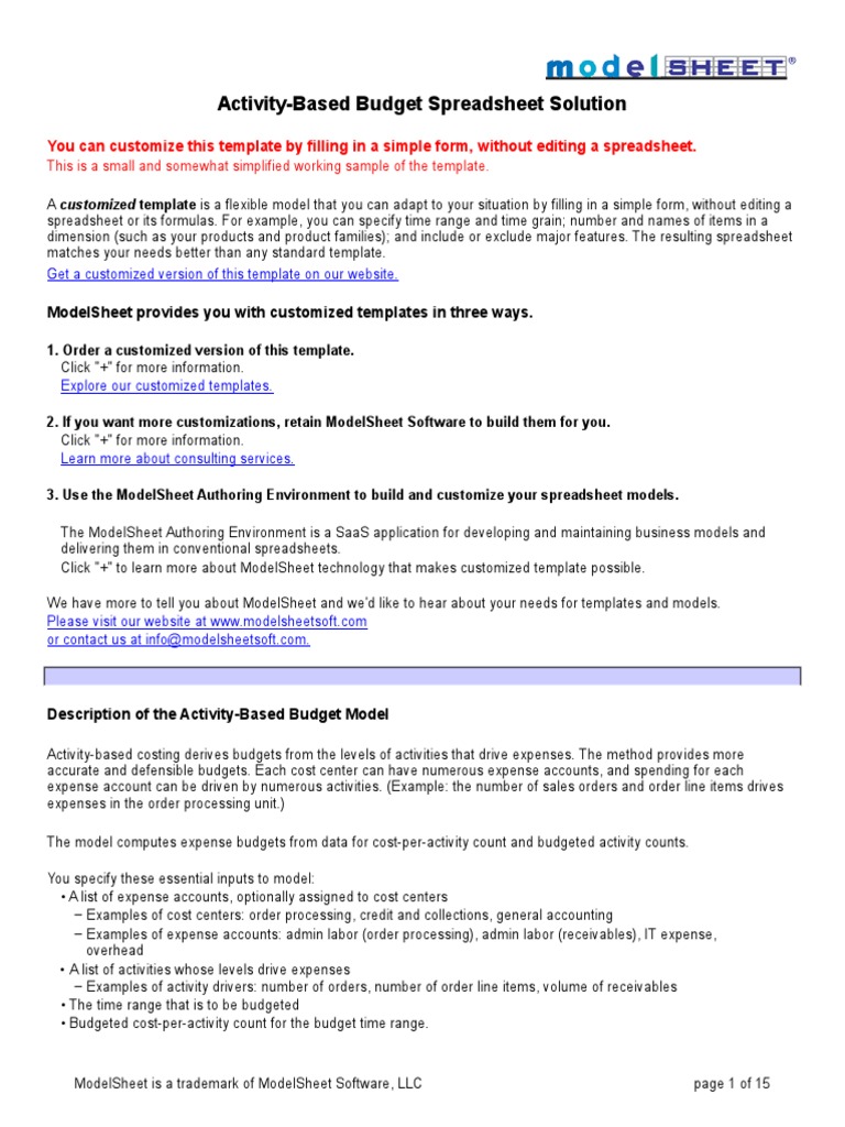 Activity Based Budget Spreadsheet Template | PDF | Spreadsheet | Budget