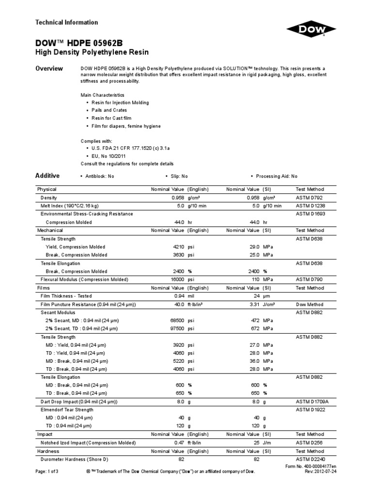 DOW™ HDPE 05962B: High Density Polyethylene Resin | Download Free PDF ...