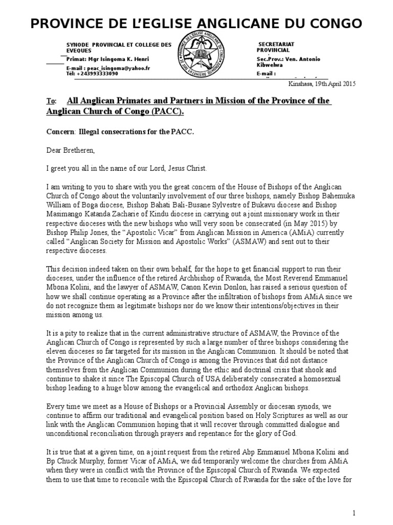Letter from the Archbishop of the Congo concerning the ASMAW ...