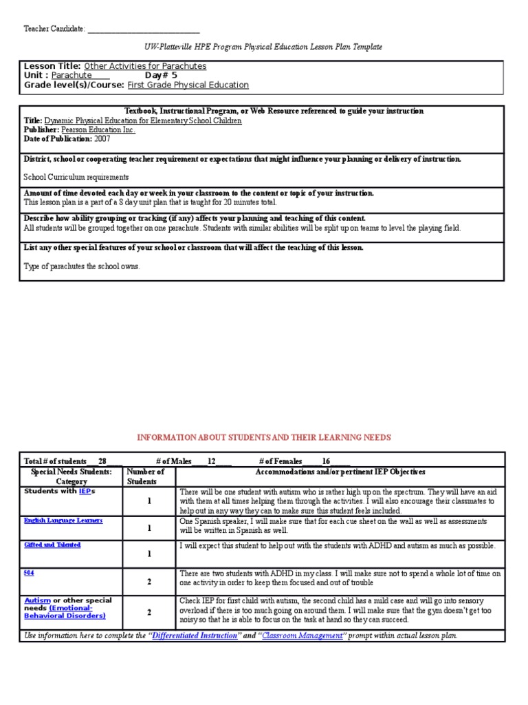 Edtpa Pe Lesson Plan Template Methods | PDF | Lesson Plan | Physical ...