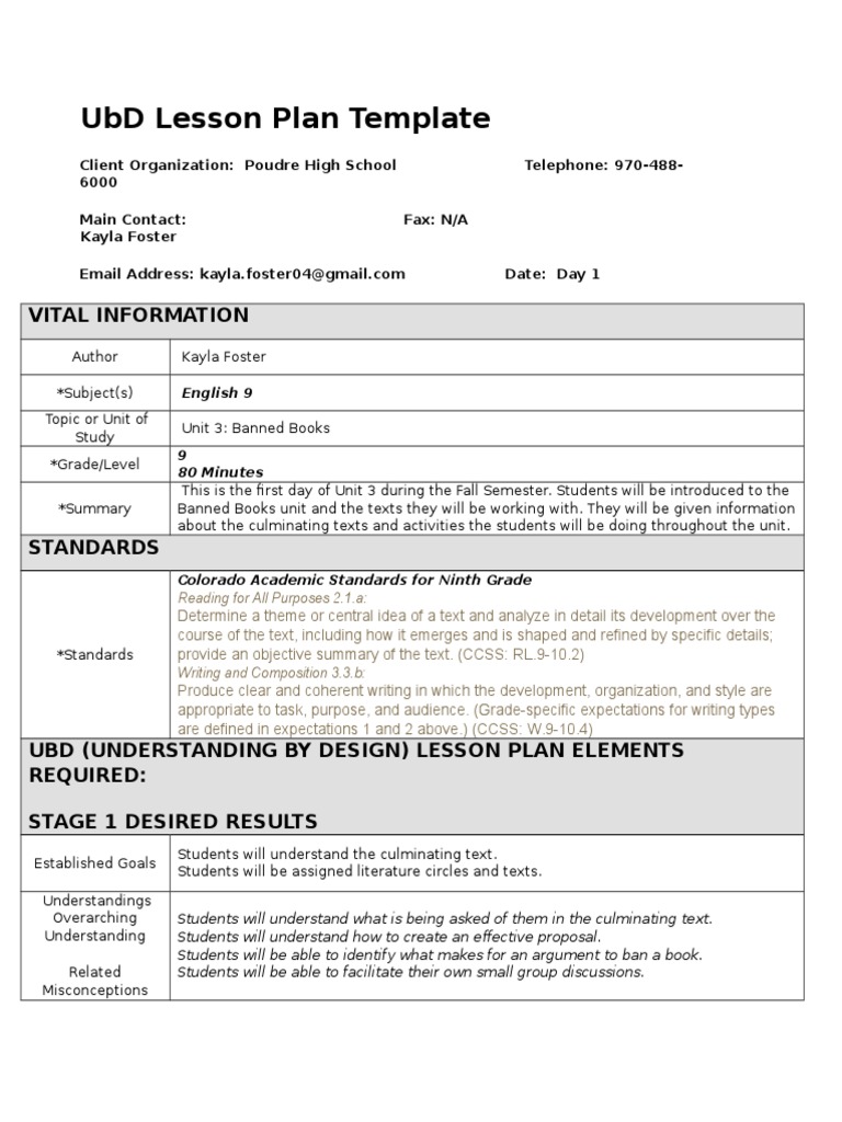 Ubd Lesson Plan Template: Vital Information | PDF | Lesson Plan ...