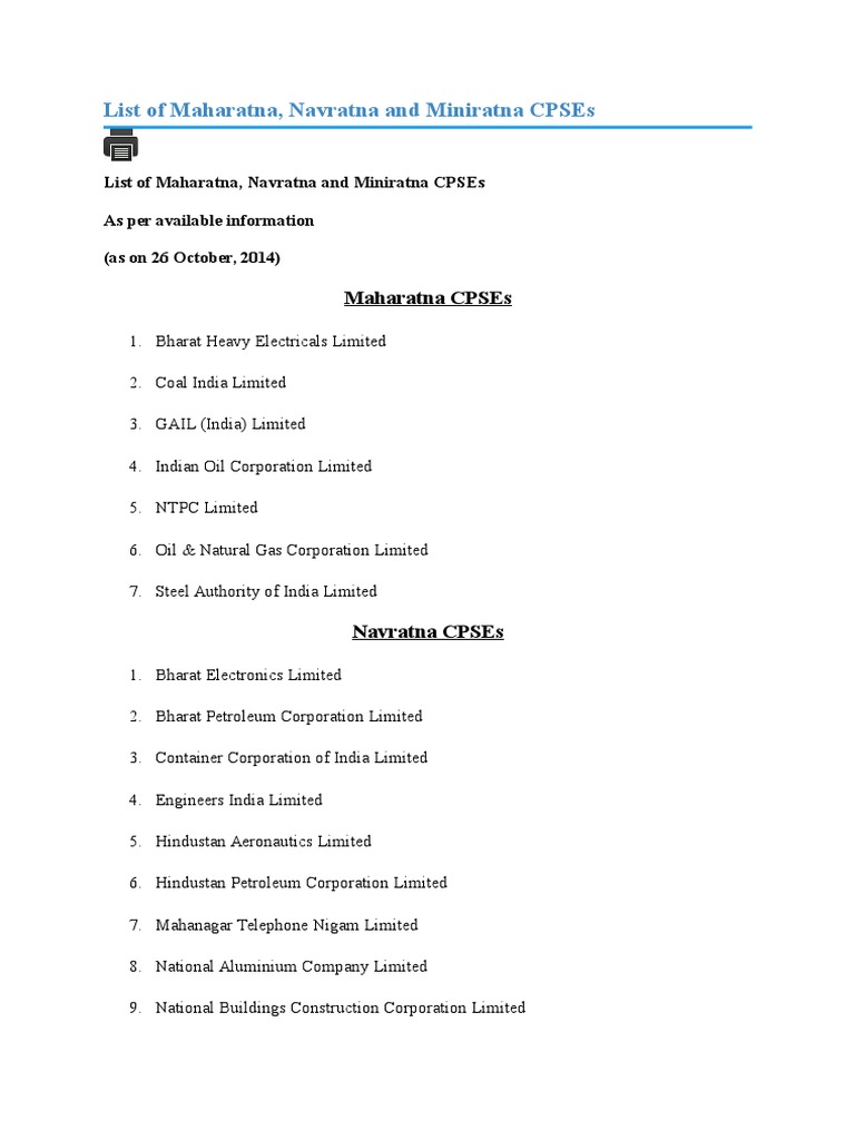 List of Maharatna, Navratna and Miniratna Cpses | PDF | Government Of ...