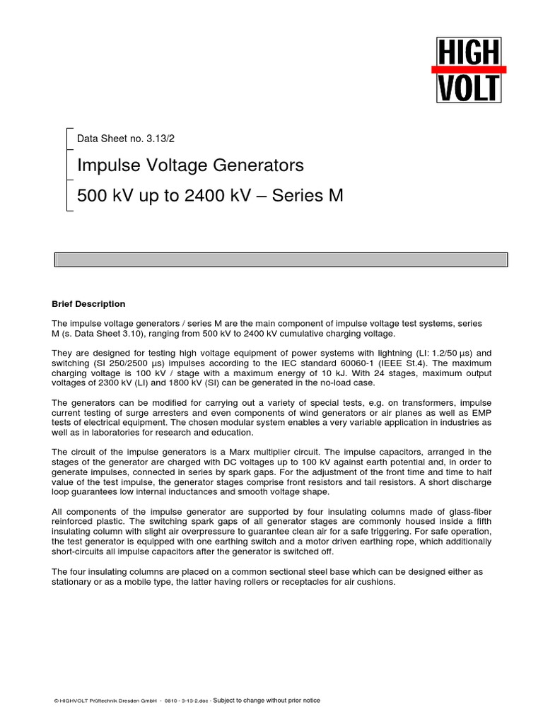 Impulse Generator Datasheet | PDF | Electric Generator | Capacitor
