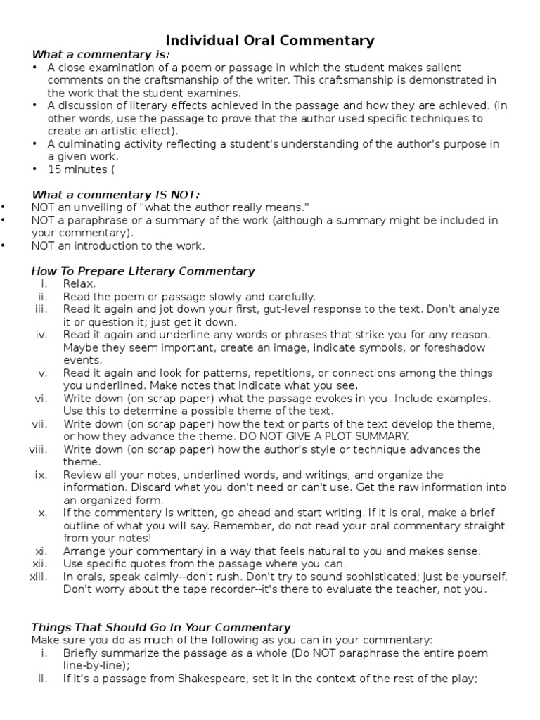 Individual Oral Commentary: What A Commentary Is | PDF | Poetry