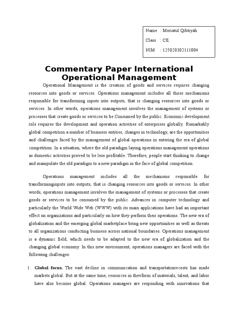 Commentary Paper International Operational Management - Meriatul ...
