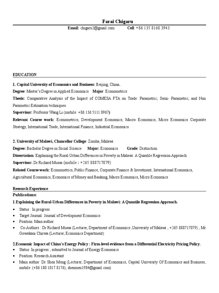 Farai Chigaru Curriculum Vitae | PDF | Economics | Investing