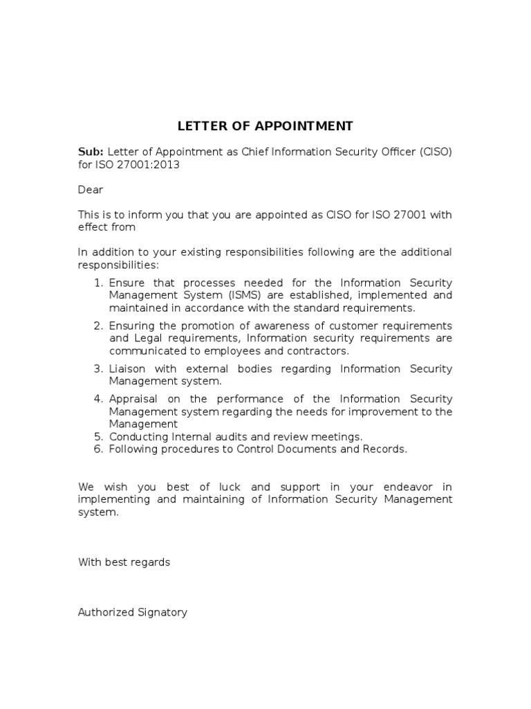 CISO Appointment Letter | PDF | Information Security | Business