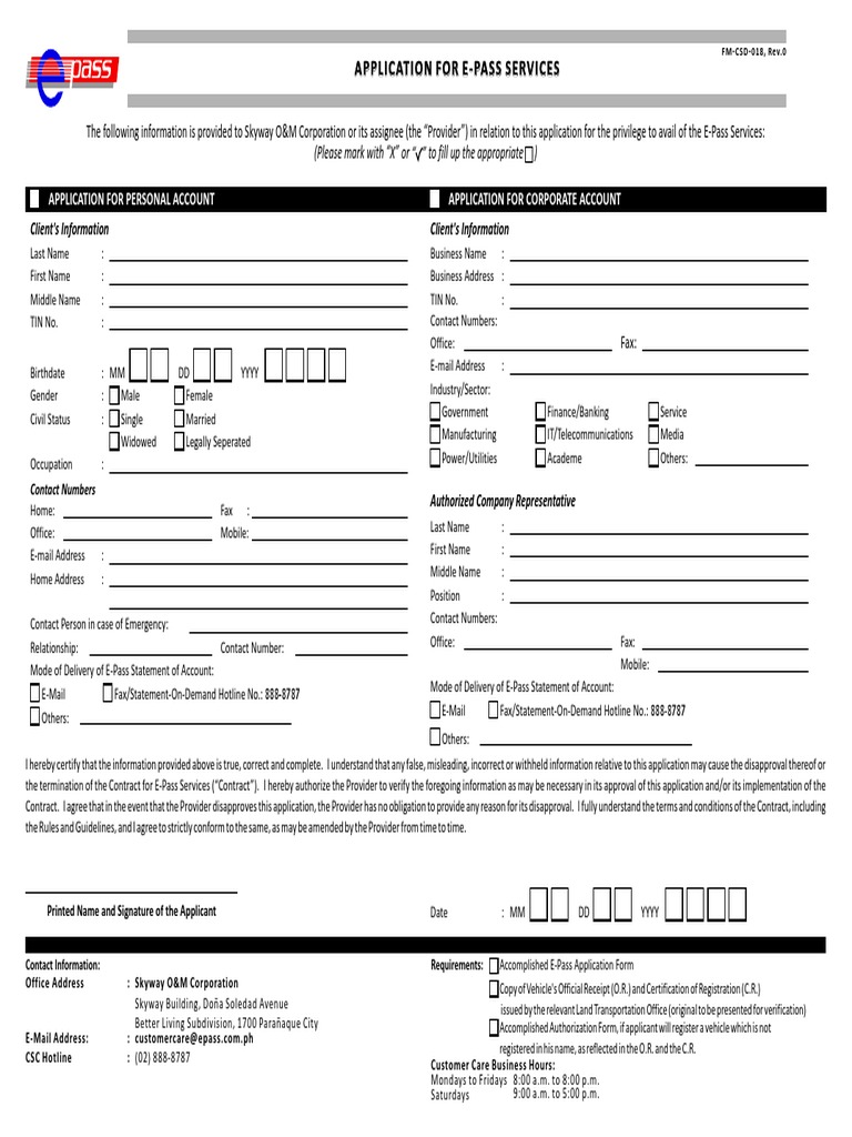 Application Form For Epass Services | Download Free PDF | Toll Road | Fee