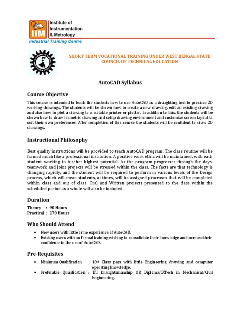 AutoCAD Syllabus for Short Term Vocational Training under West Bengal ...