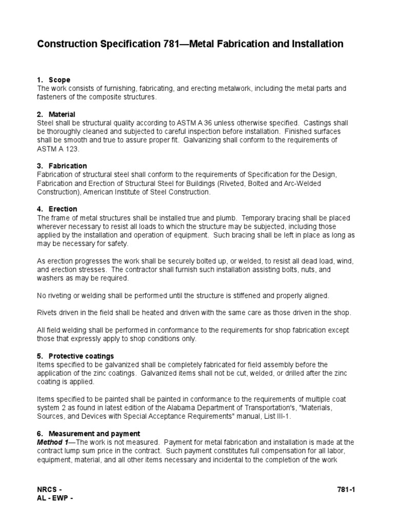 Construction Specification 781-Metal Fabrication and Installation ...