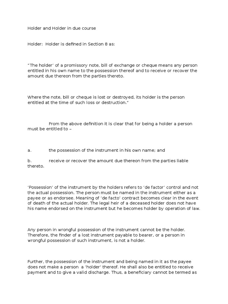 Holder and Holder in Due Course | PDF | Negotiable Instrument | Virtue