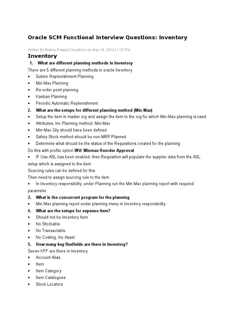 Oracle SCM Functional Inventory Interview Question | Download Free PDF ...