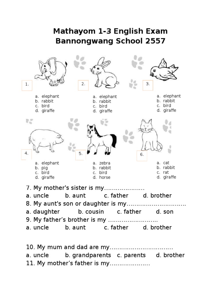 Mathayom 1-3 English Exam Bannongwang School 2557 | PDF