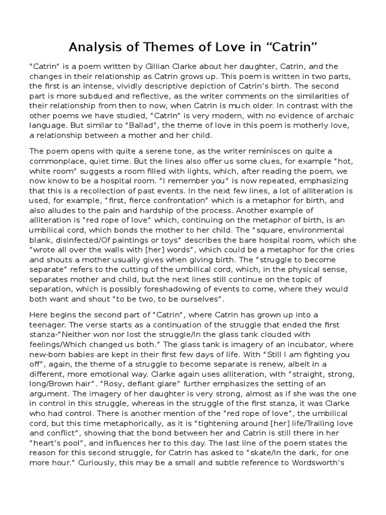 Themes of Love in Gillian Clarke's "Catrin" | PDF | Poetry