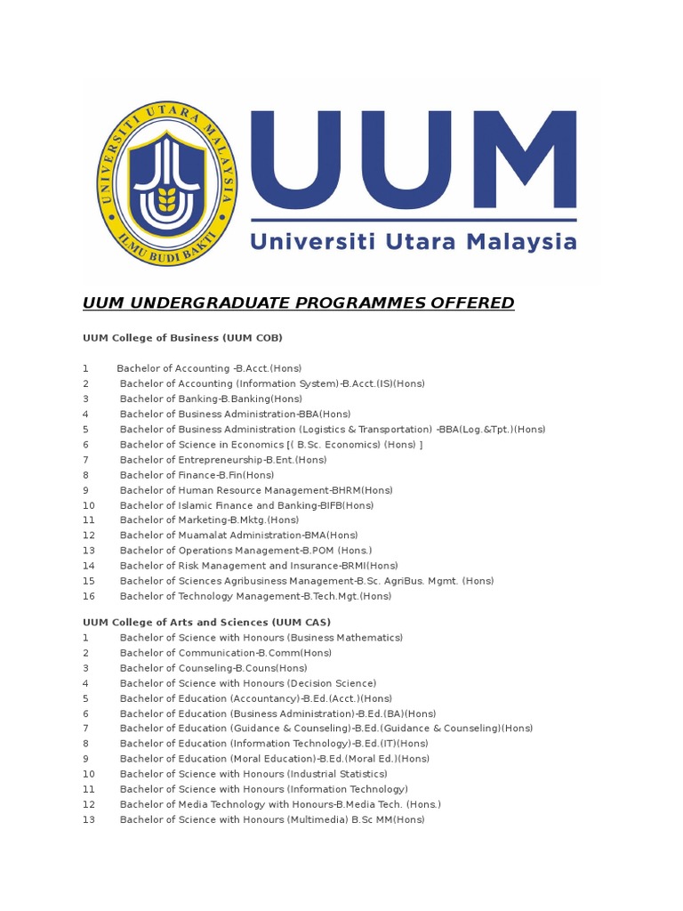 Uum Undergraduate Programmes Offered | PDF | Bachelor Of Science ...