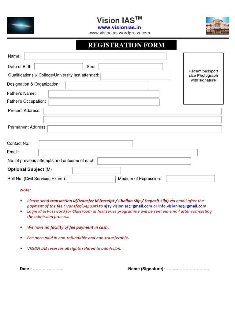 Registration Form With Fee Strcture Vision-ias | Test (Assessment ...