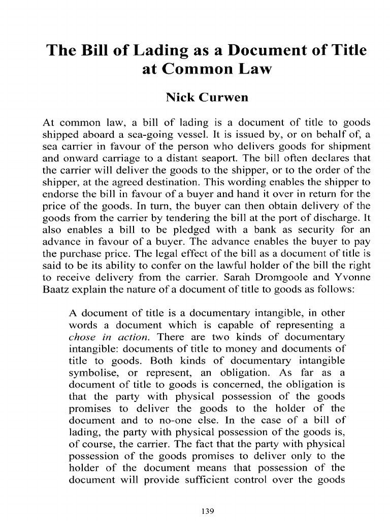 Bill of Lading as Title Document | PDF | Conversion (Law) | Bill Of Lading