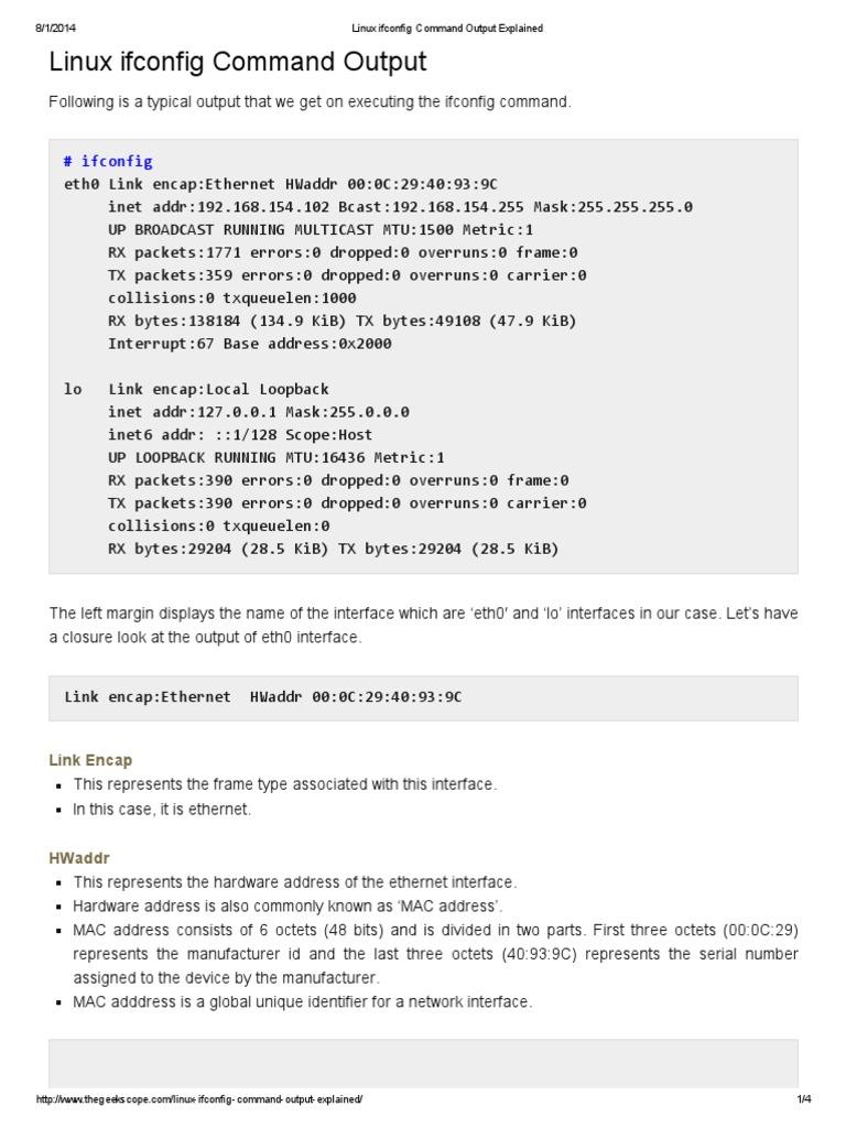 An in-depth explanation of the Linux ifconfig command output and its key parameters | PDF ...