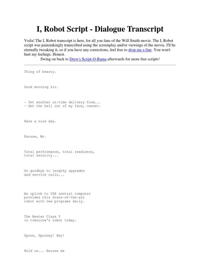 I Robot Script Dialogue Transcript Pdf Robot Robotics