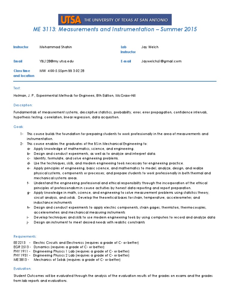 ME 3113 Course Plan | PDF | Engineering | Statistics