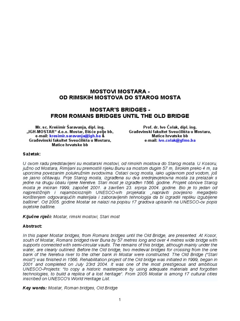 Mostovi Mostara Od Rimskih Mostova Do Starog Mosta | PDF