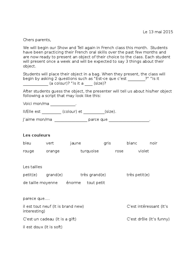 French Class Show and Tell Guide | PDF