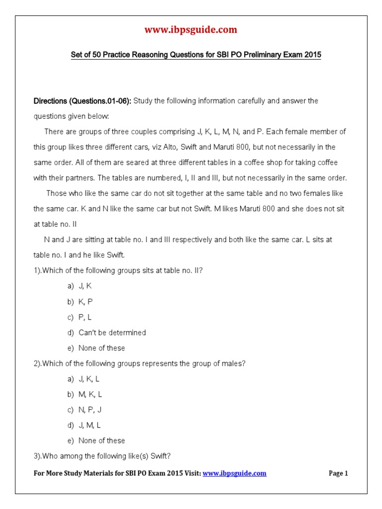 SBI PO Exam 2015: Reasoning Practice Set | PDF | Teaching Mathematics