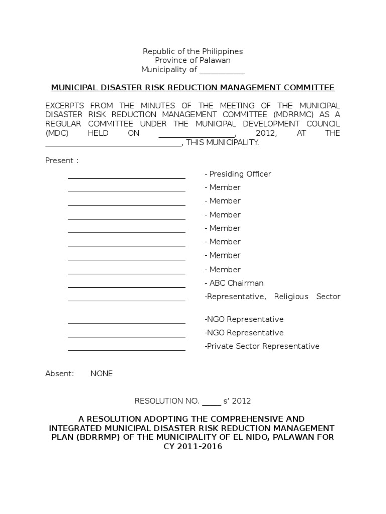 Resolution Adopting the BDRRM Manual of Regulations | Emergency ...