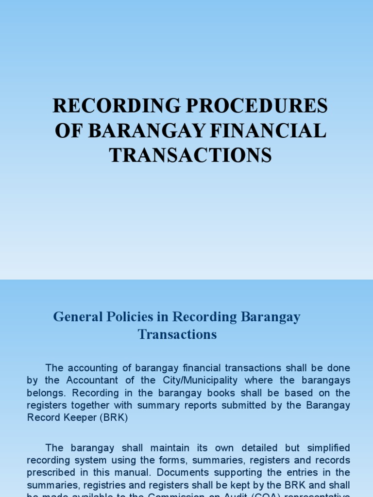 Barangay Financial Transactions Recording Procedures Presentation | PDF ...