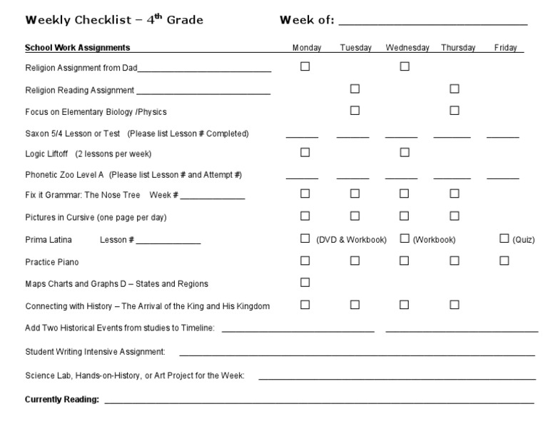 4thGradeWeeklyChecklist2014 2015 | PDF | Language Arts & Discipline