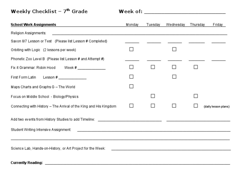 7thGradeWeeklyChecklist2014 2015 | PDF | Learning