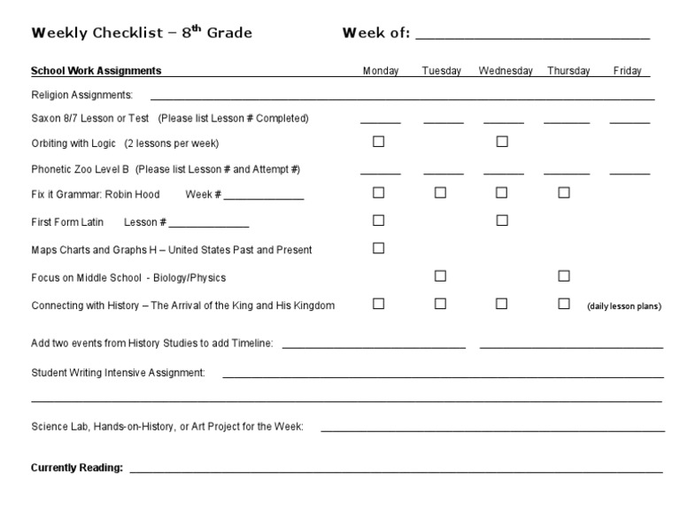 Weekly Checklist - 8 Grade Week Of | PDF | Learning