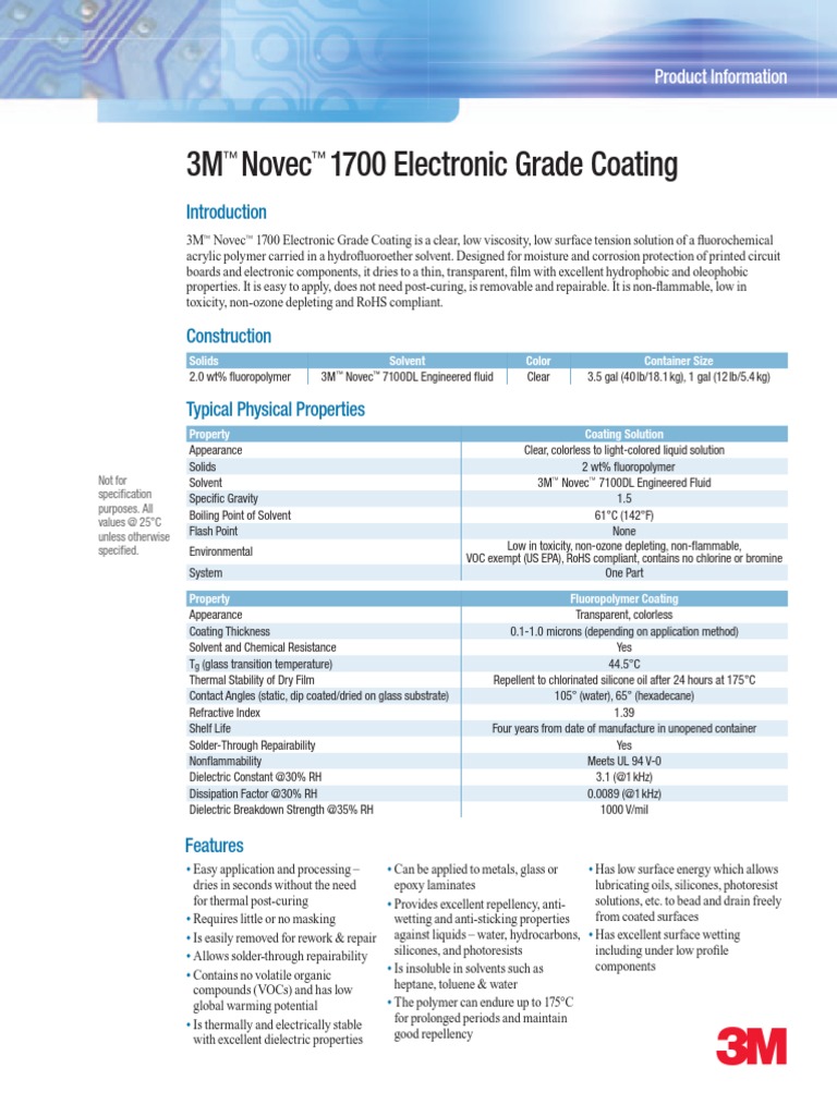3M Novec 1700 Electronic Grade Coating: Product Information | PDF