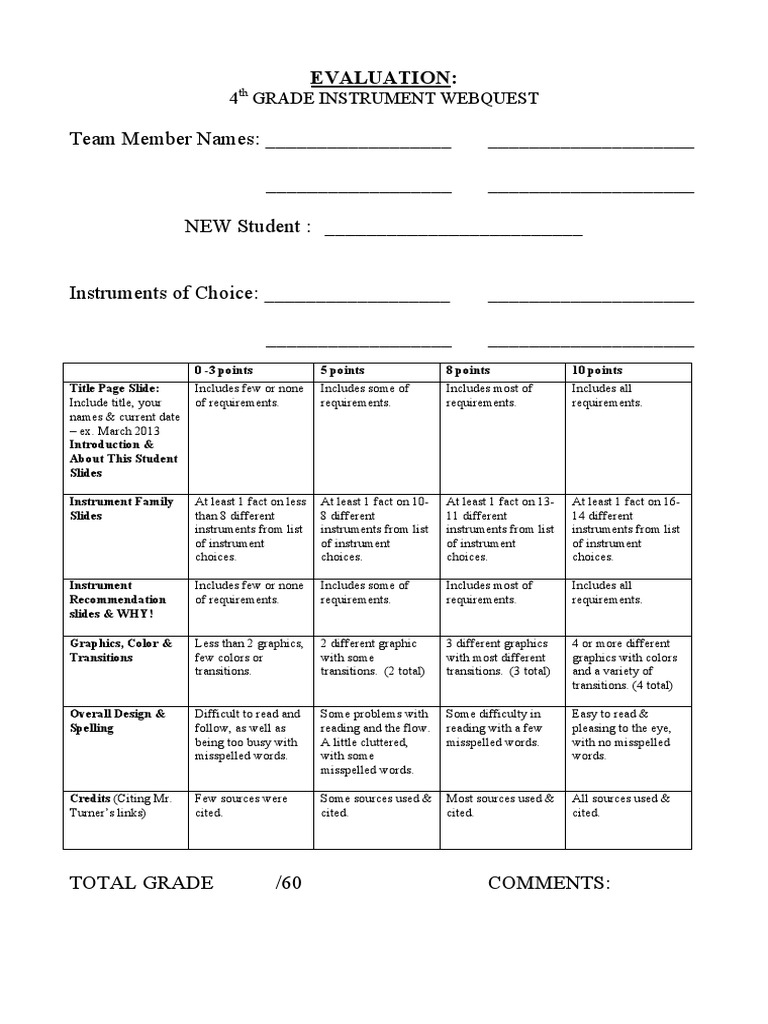 Evaluation:: 4 Grade Instrument Webquest | PDF | Career & Growth ...