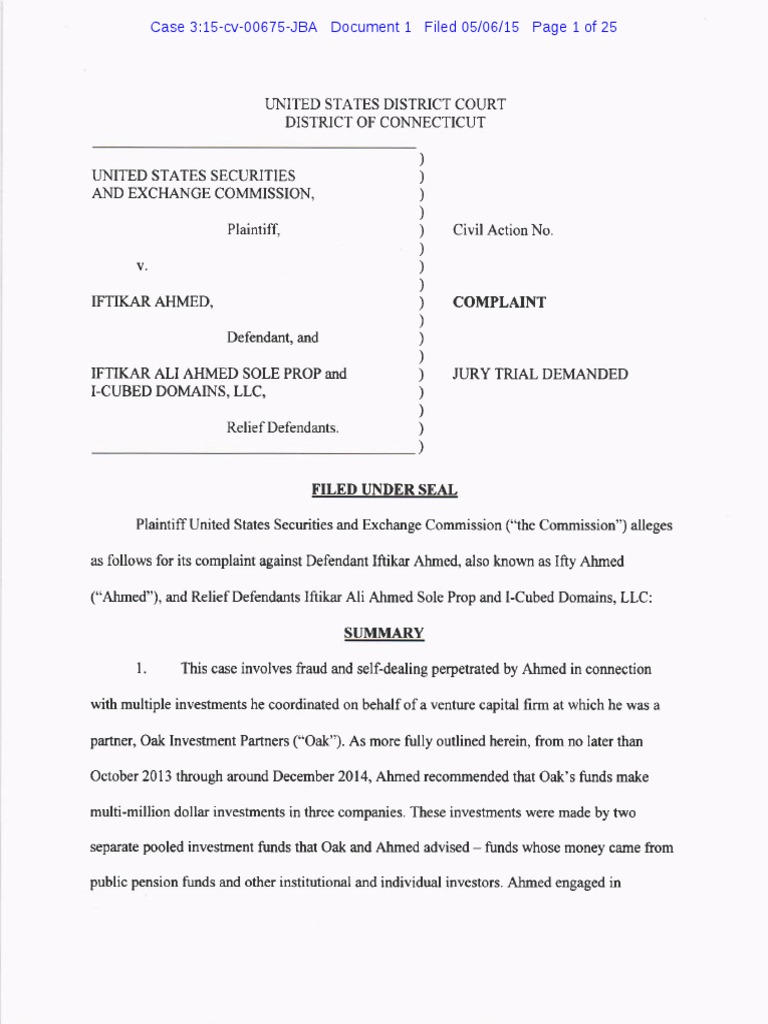SEC Complaint vs. Ifty Ahmed | PDF | Joint Venture | Complaint